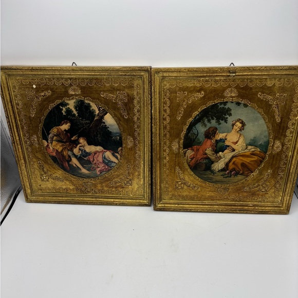 Art | Vintage 2 Boucher Love Scene Shepherdess Sleeping Italy Gold Gilt ...